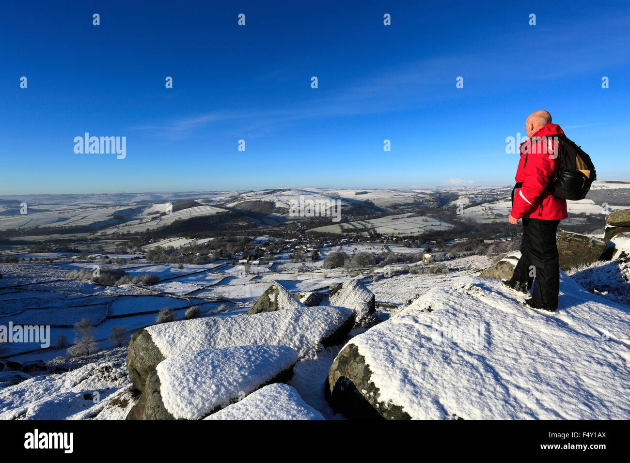 Winter snow, Adult male walker on Curbar Edge, Peak District National ...