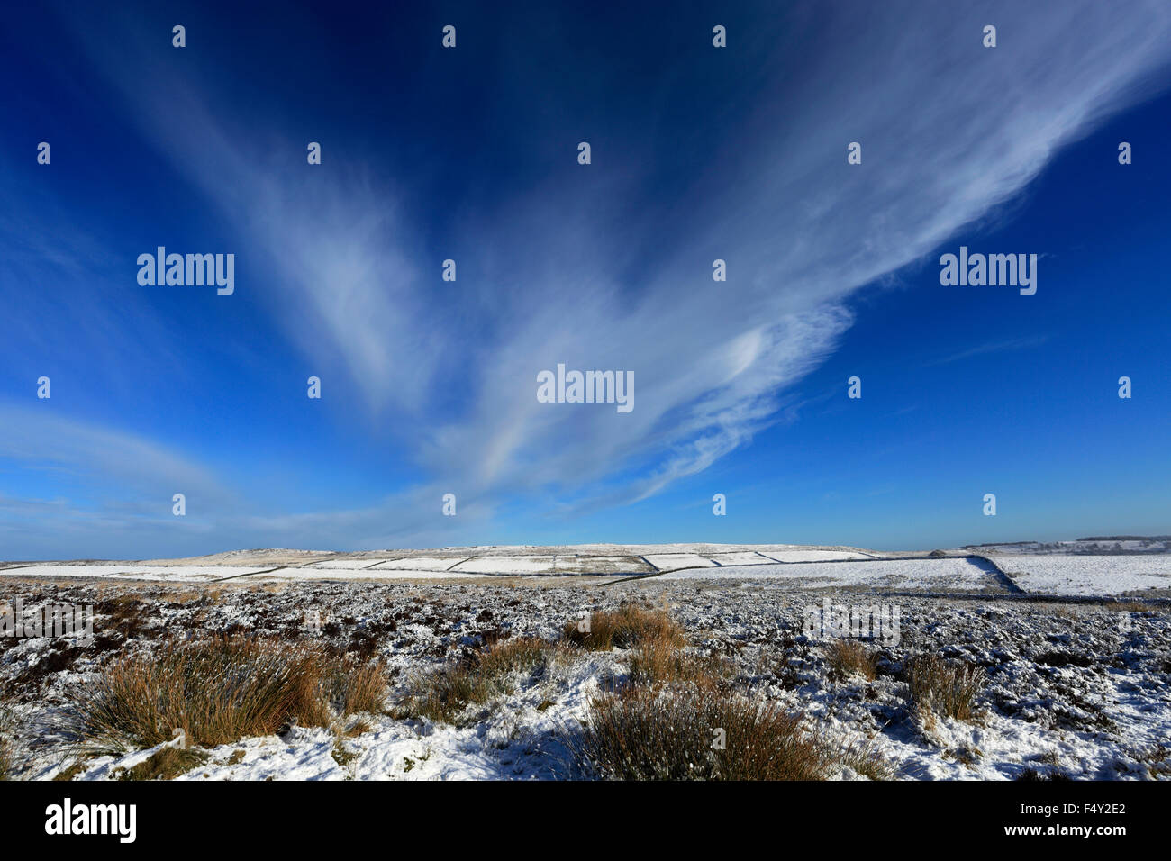 January, winter snow view over Froggatt Edge and Big Moor; Derbyshire ...