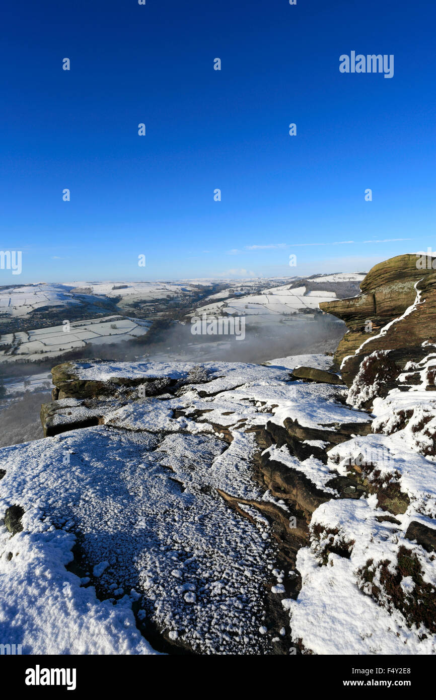 January, winter snow view over Curbar Edge; Derbyshire County; Peak ...