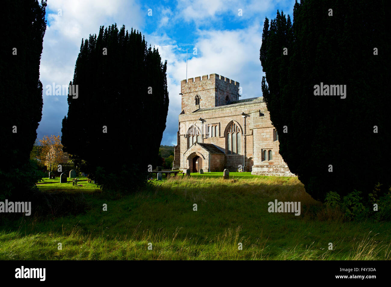St Andrew's Church, Greystoke, Cumbria, England UK, framed by yew trees ...