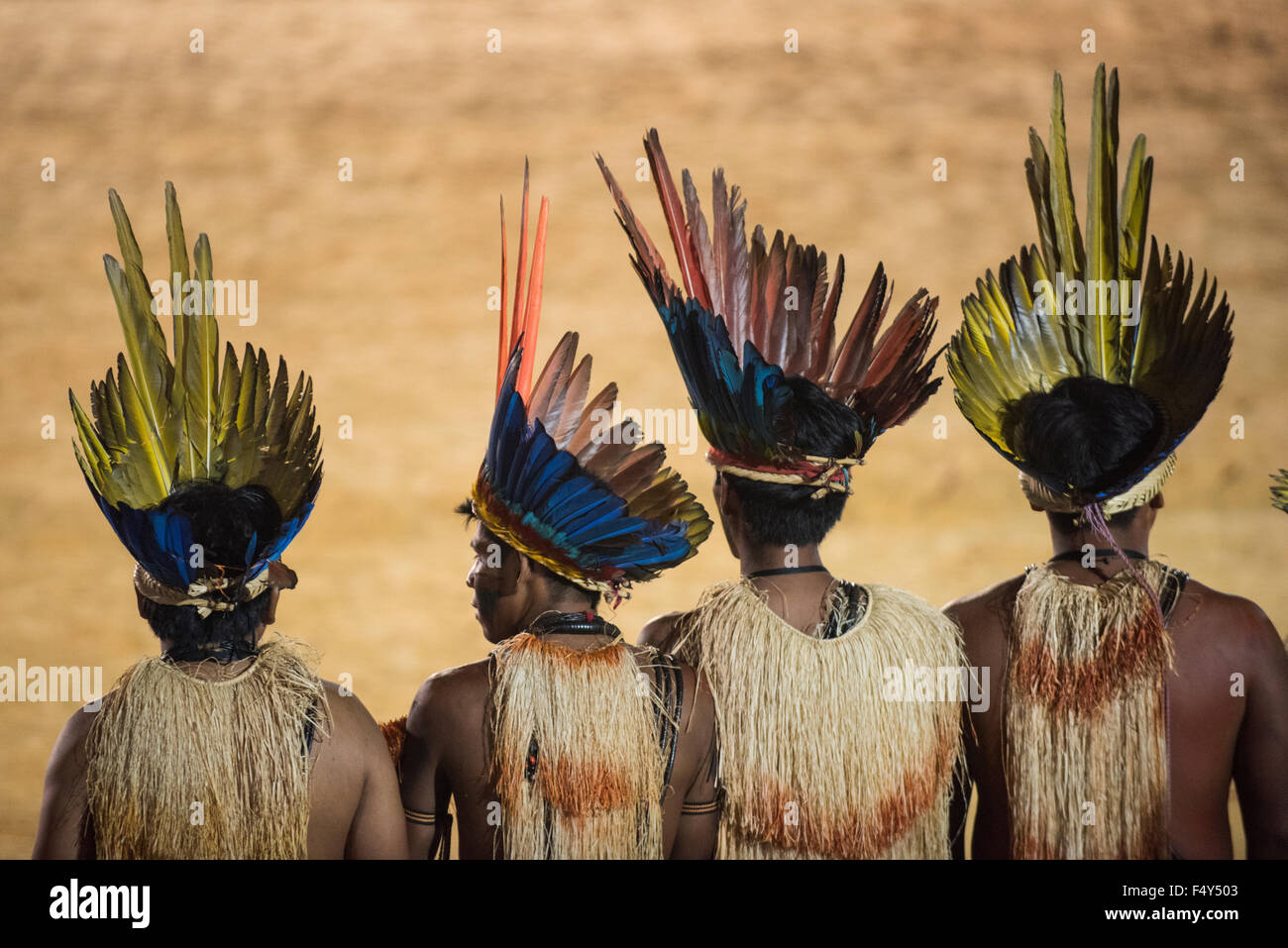 Palmas, Brazil. 23rd Oct, 2015. Four Xerente warrior participants watch ...