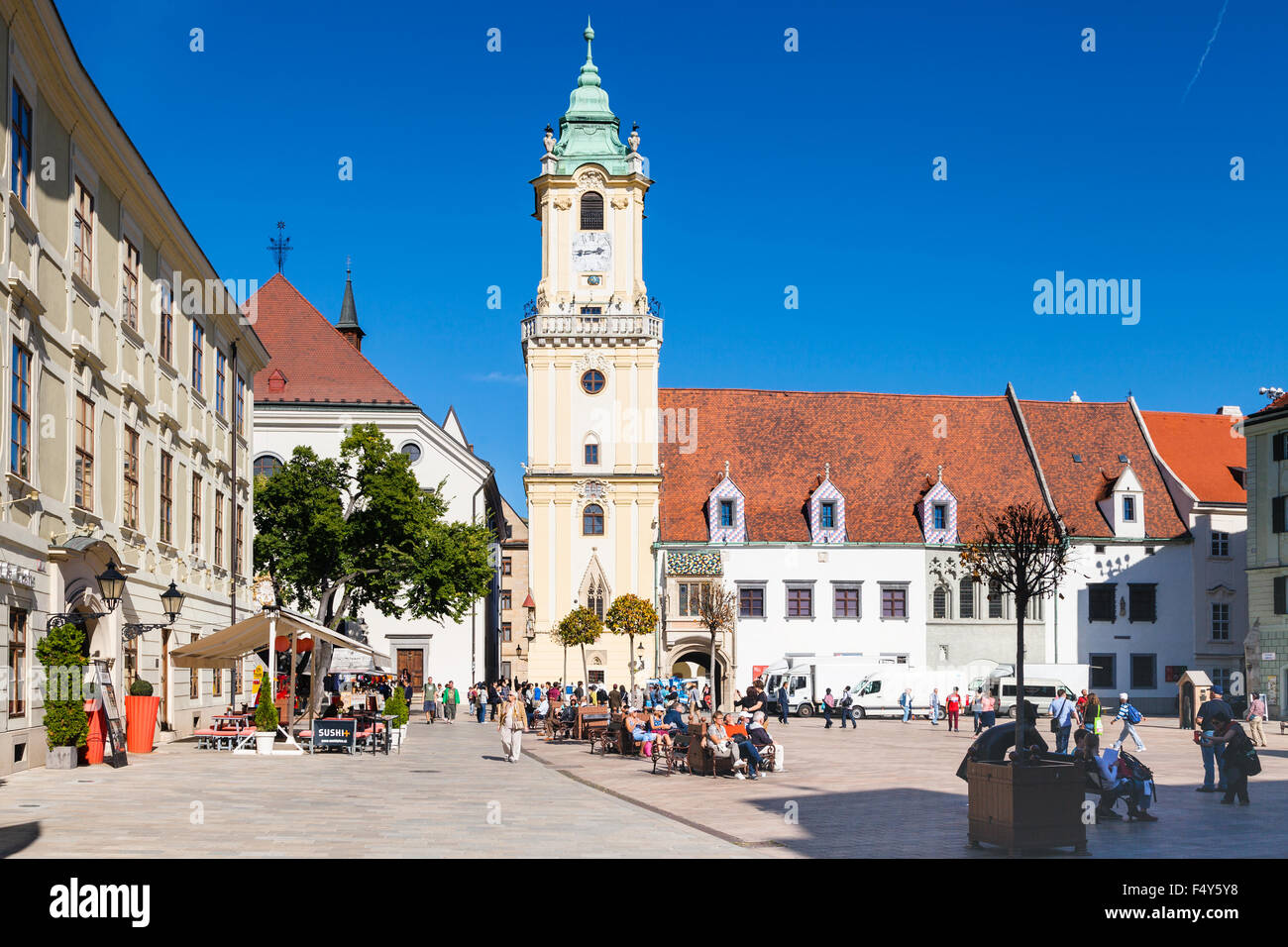 BRATISLAVA, SLOVAKIA - SEPTEMBER 22, 2015: people at Main Square ...
