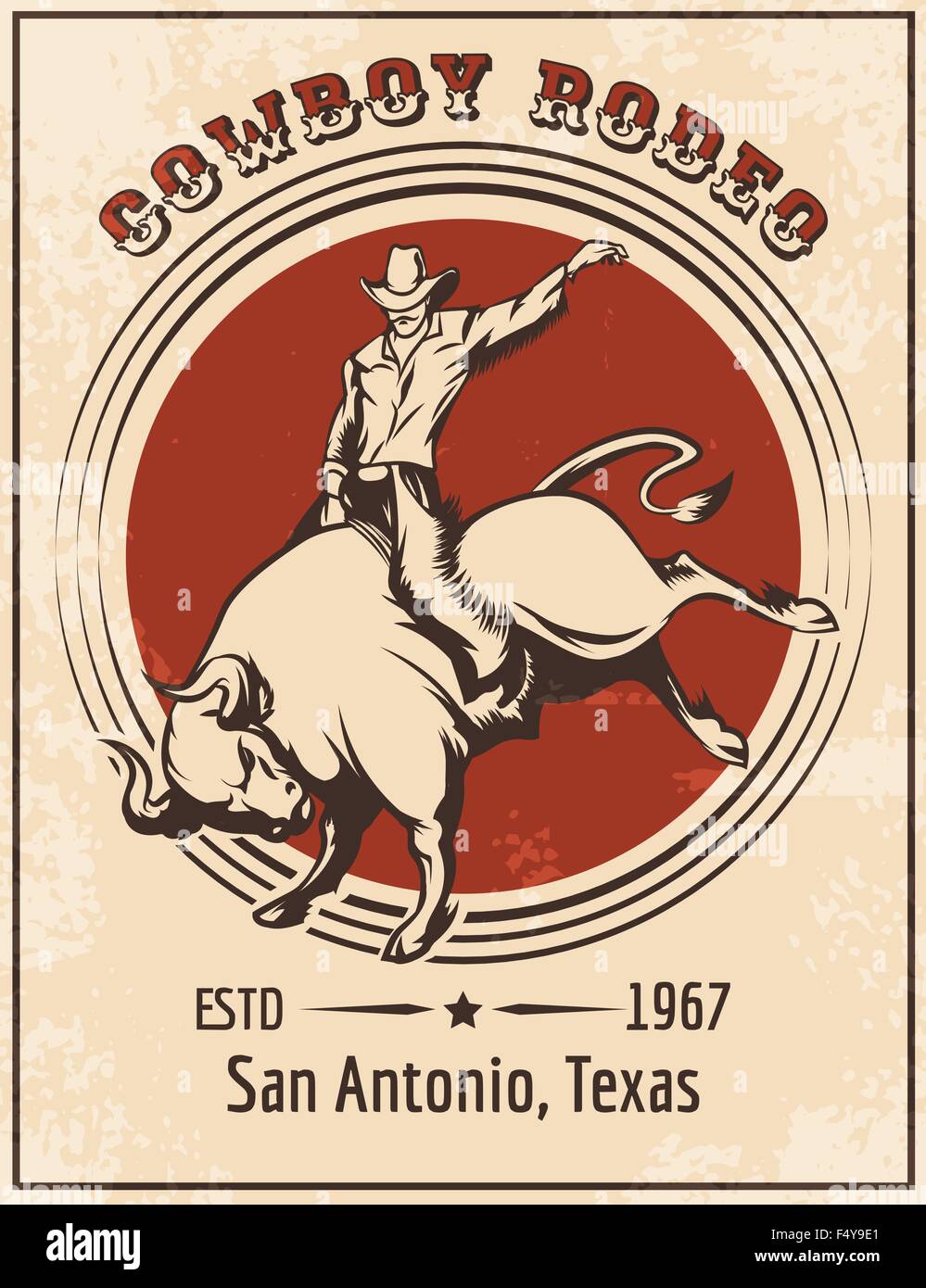 Cowboy riding bull. Retro style rodeo poster. Only free font used Stock ...