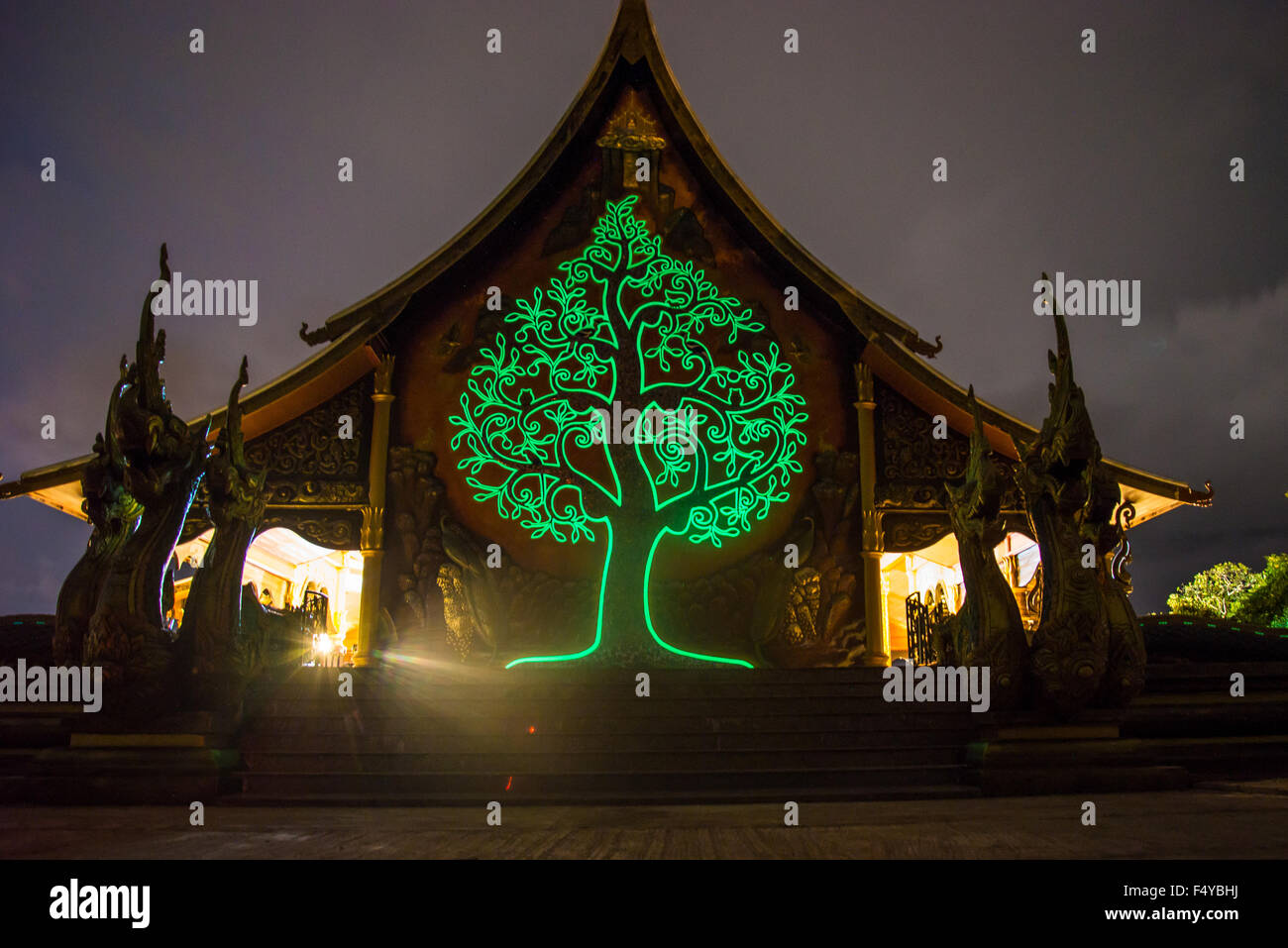 Art tree glow on the back of the hall of the temple in Thailand Stock ...