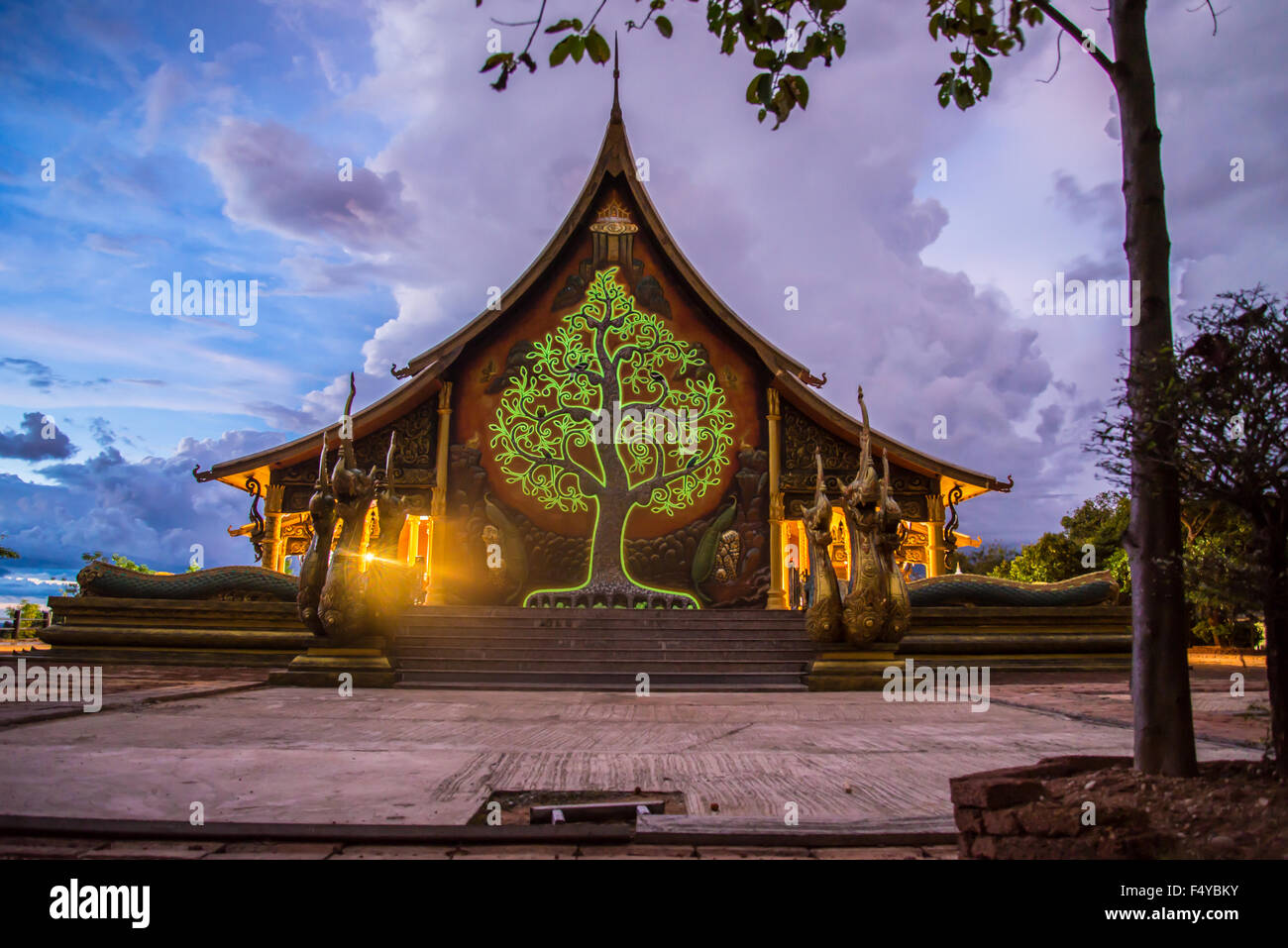 Art tree glow on the back of the hall of the temple in Thailand Stock ...