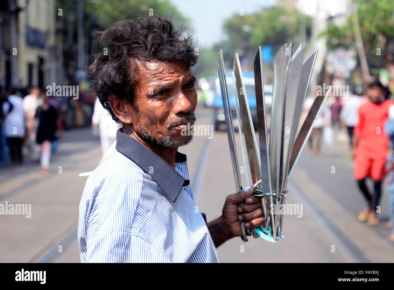 Kolkata, India. 24th Oct, 2015. Muslim devotee holds blades used in ...