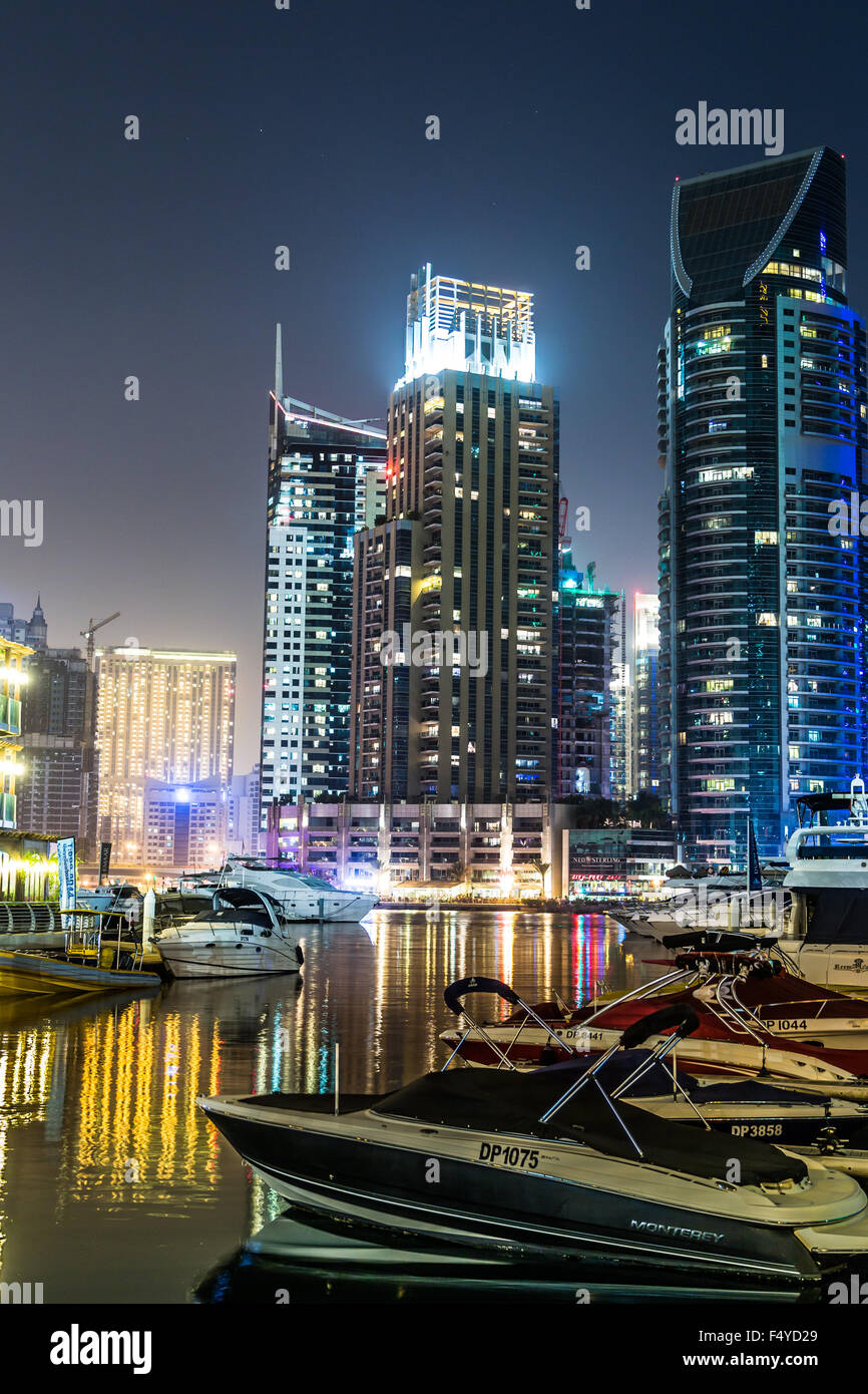 DUBAI, UAE - NOVEMBER 13: Dubai downtown night scene with city lights ...