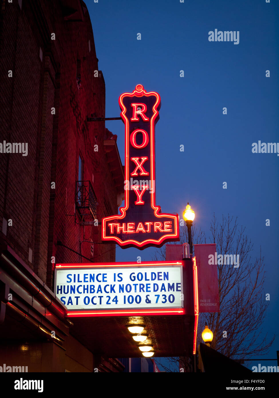 A night view of sign and marquee of the Roxy Theatre in the Riversdale ...