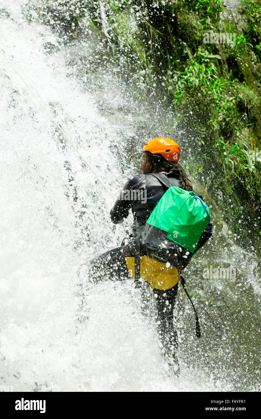Waterfall Descent By A Professional Canyoning Instructor Stock Photo ...