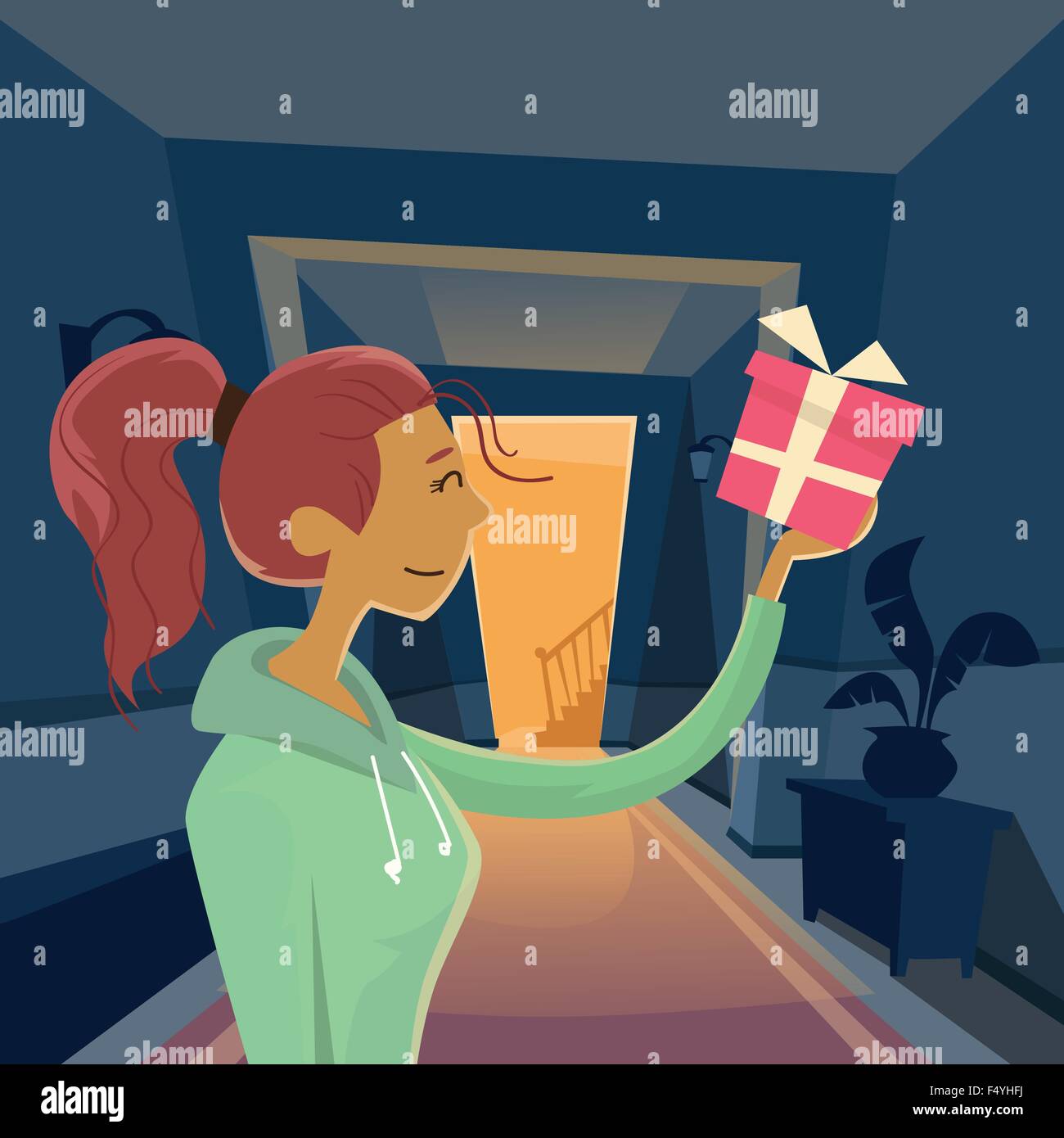 Woman Hold Gift Box Present, Cartoon Girl At Home Holiday Concept Stock ...