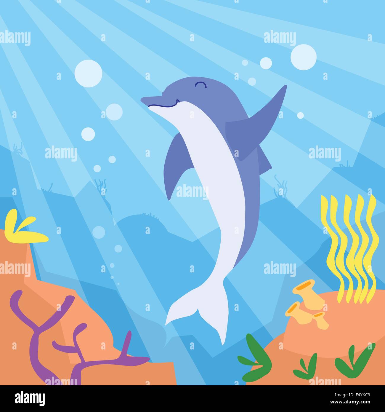 Cartoon Dolphin Underwater Deep Ocean Bottom Coral Reef Colorful Stock ...