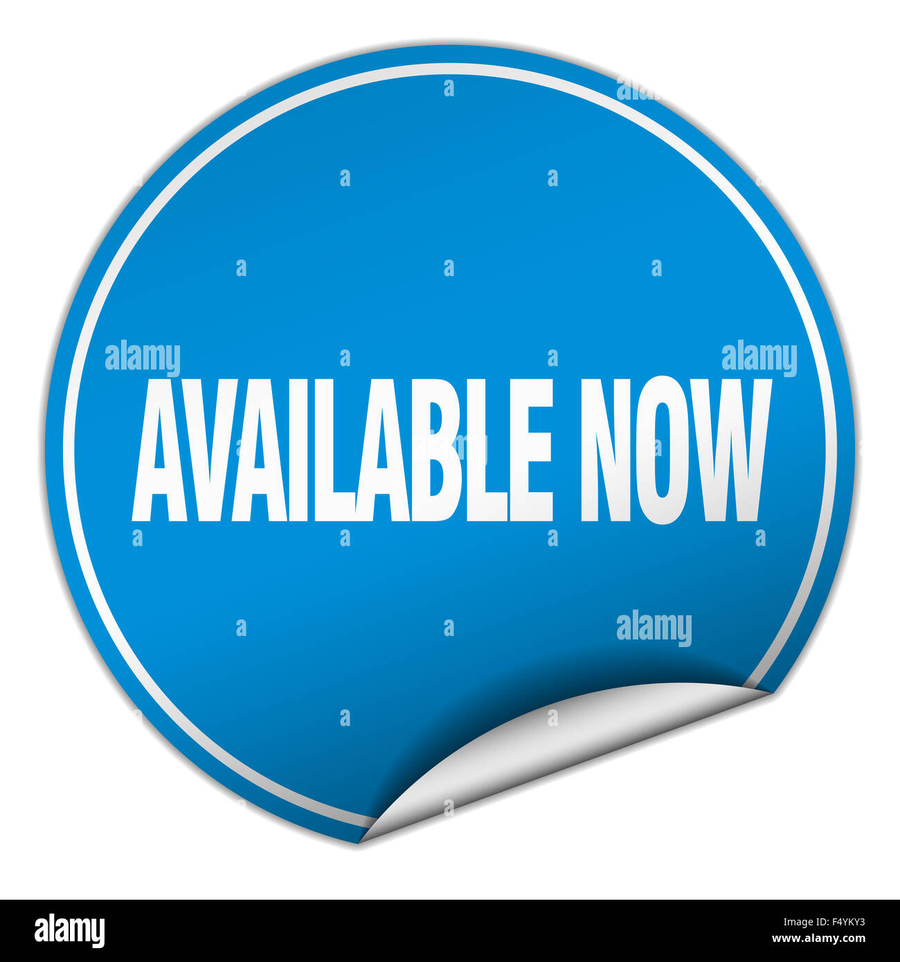 available now round blue sticker isolated on white Stock Photo - Alamy