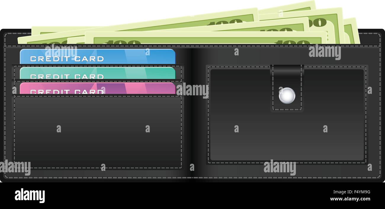 Open wallet with banknotes and credit cards. Vector illustration Stock ...