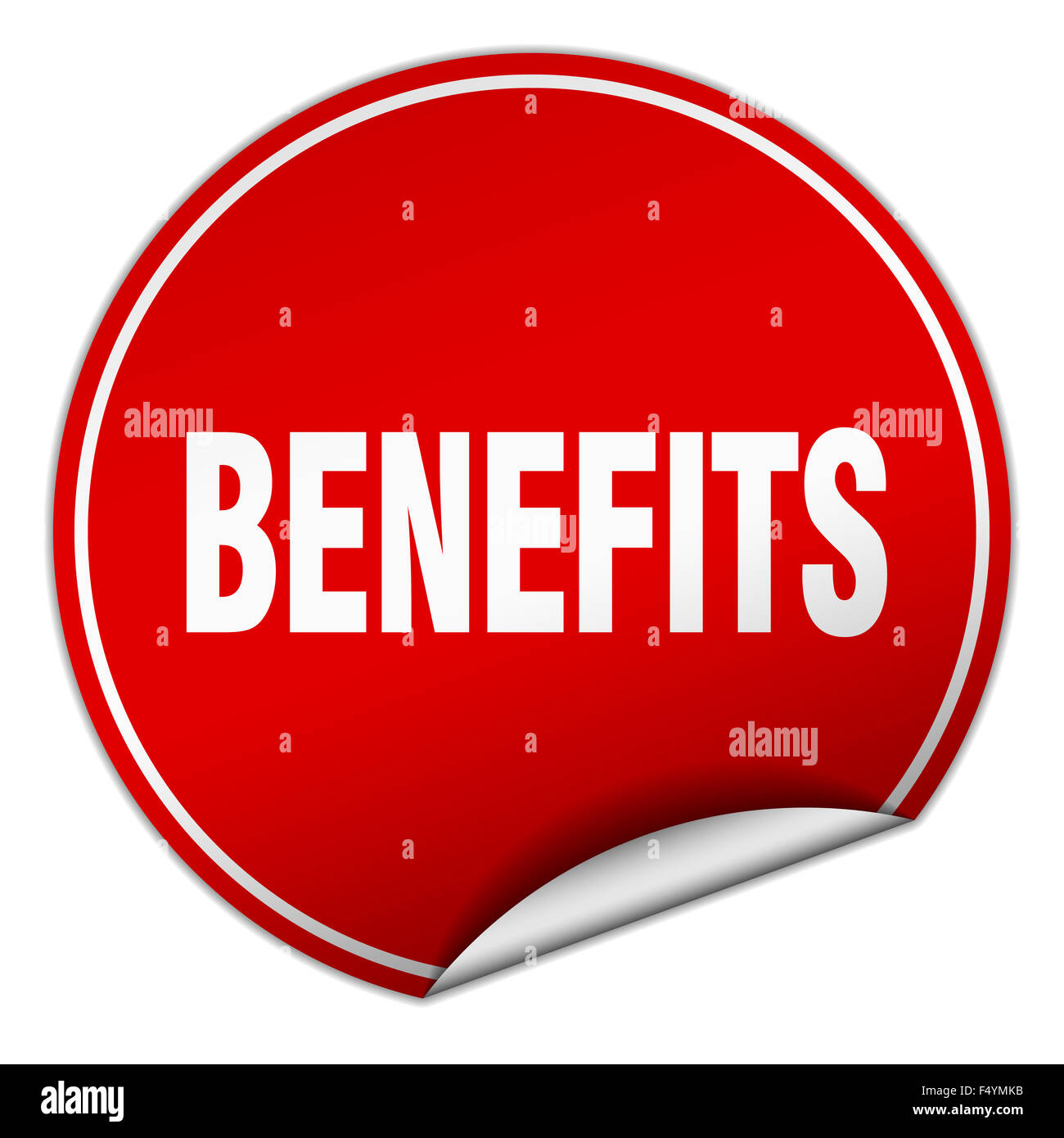 benefits round red sticker isolated on white Stock Photo - Alamy