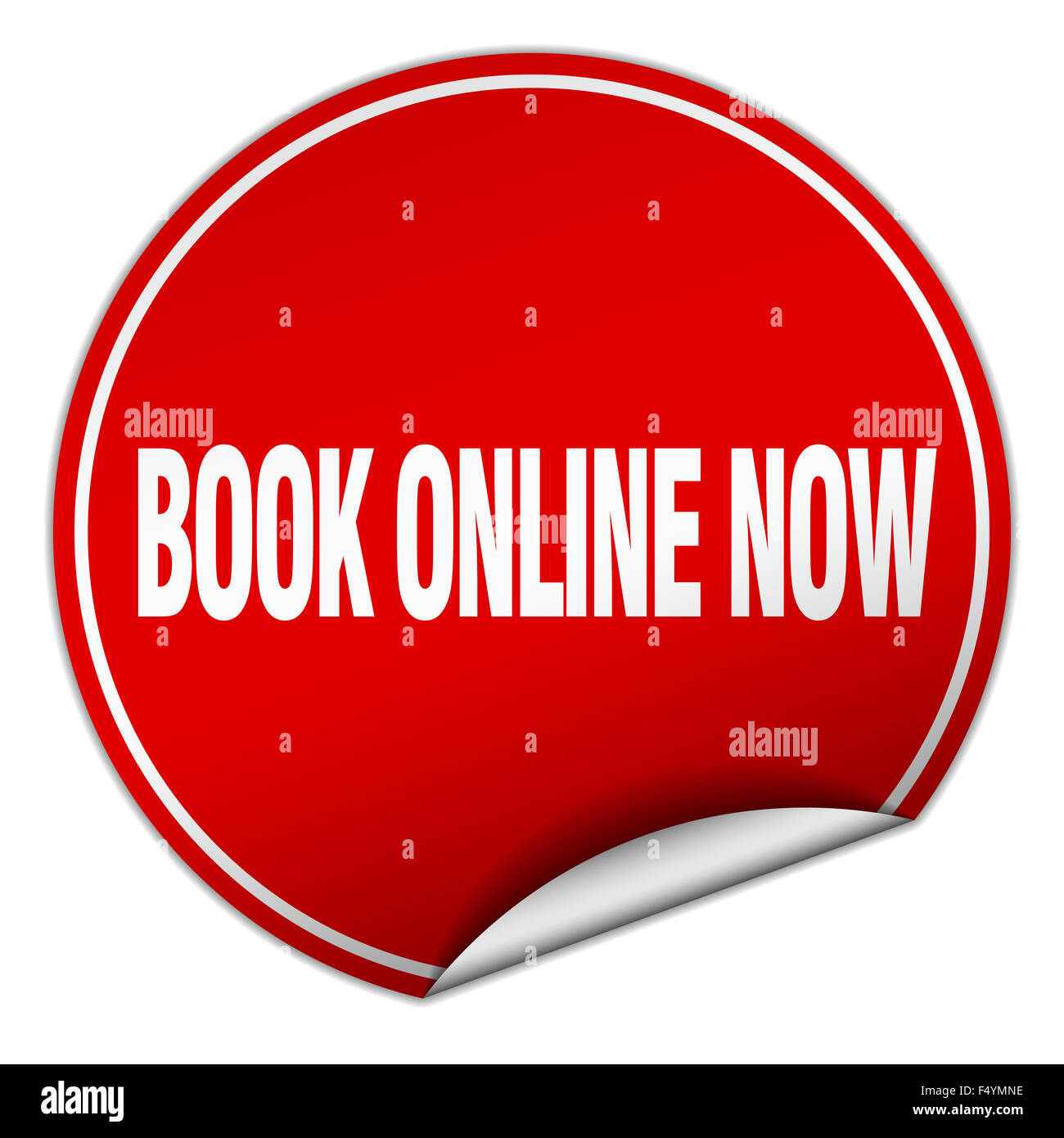 book online now round red sticker isolated on white Stock Photo - Alamy