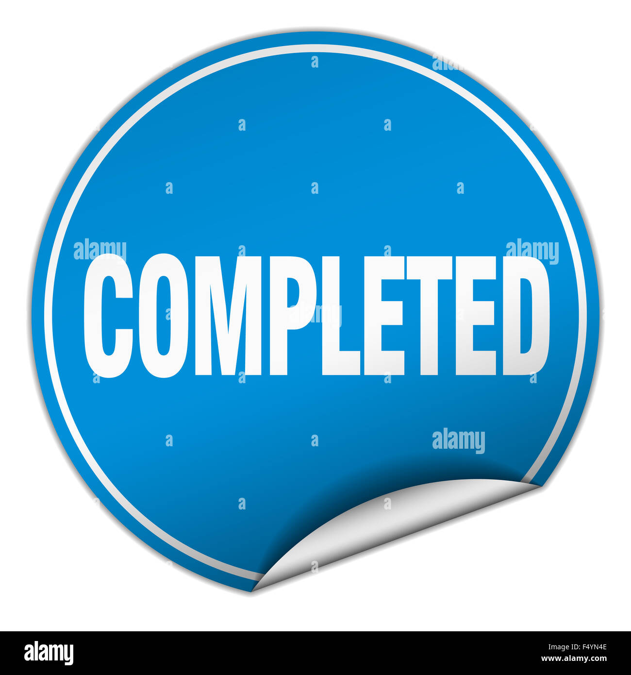 completed round blue sticker isolated on white Stock Photo - Alamy