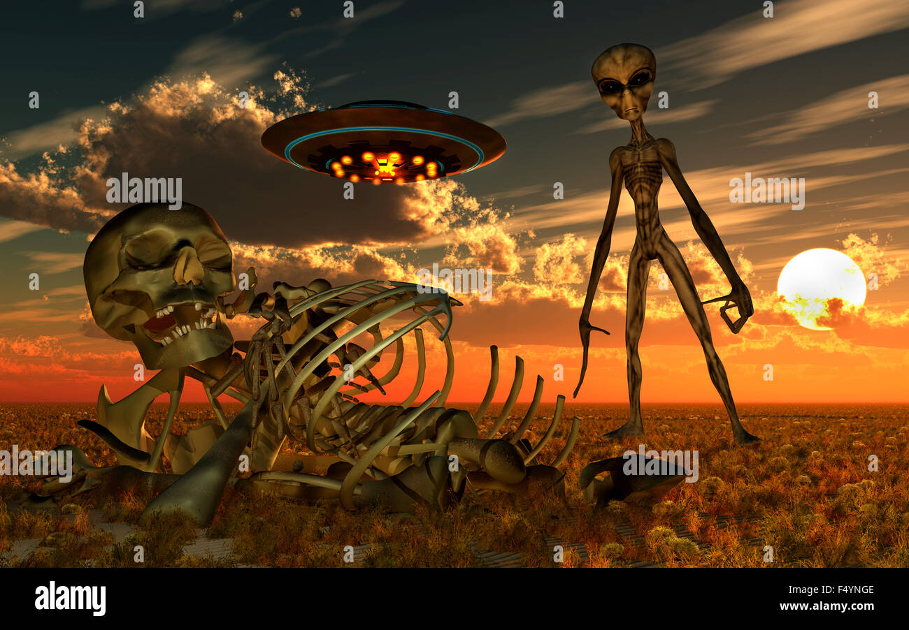 Grey Alien Looking At Humanoid Remains Stock Photo - Alamy