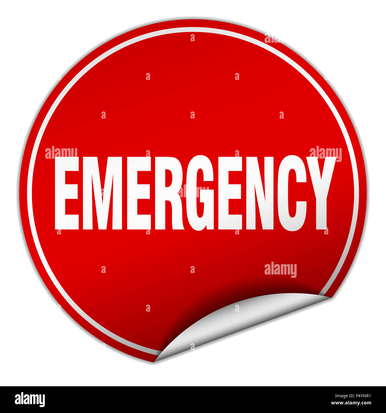 emergency round red sticker isolated on white Stock Photo - Alamy