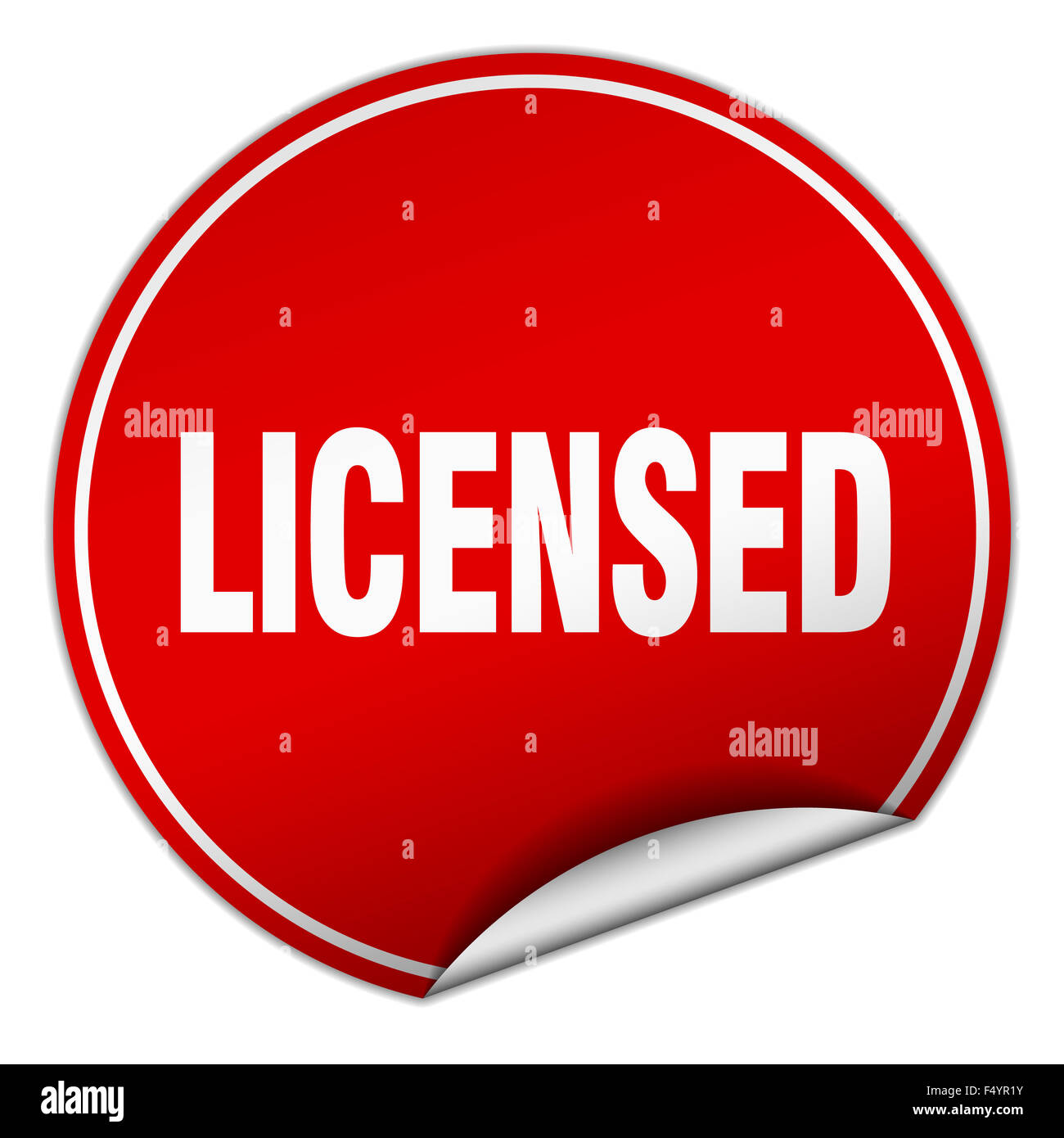 licensed round red sticker isolated on white Stock Photo - Alamy