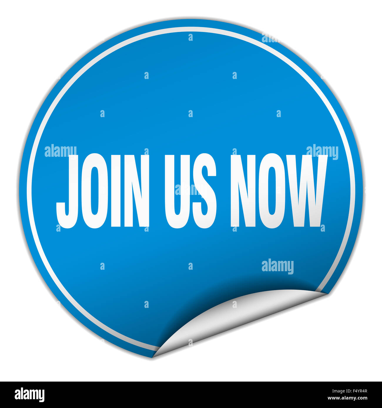 join us now round blue sticker isolated on white Stock Photo - Alamy