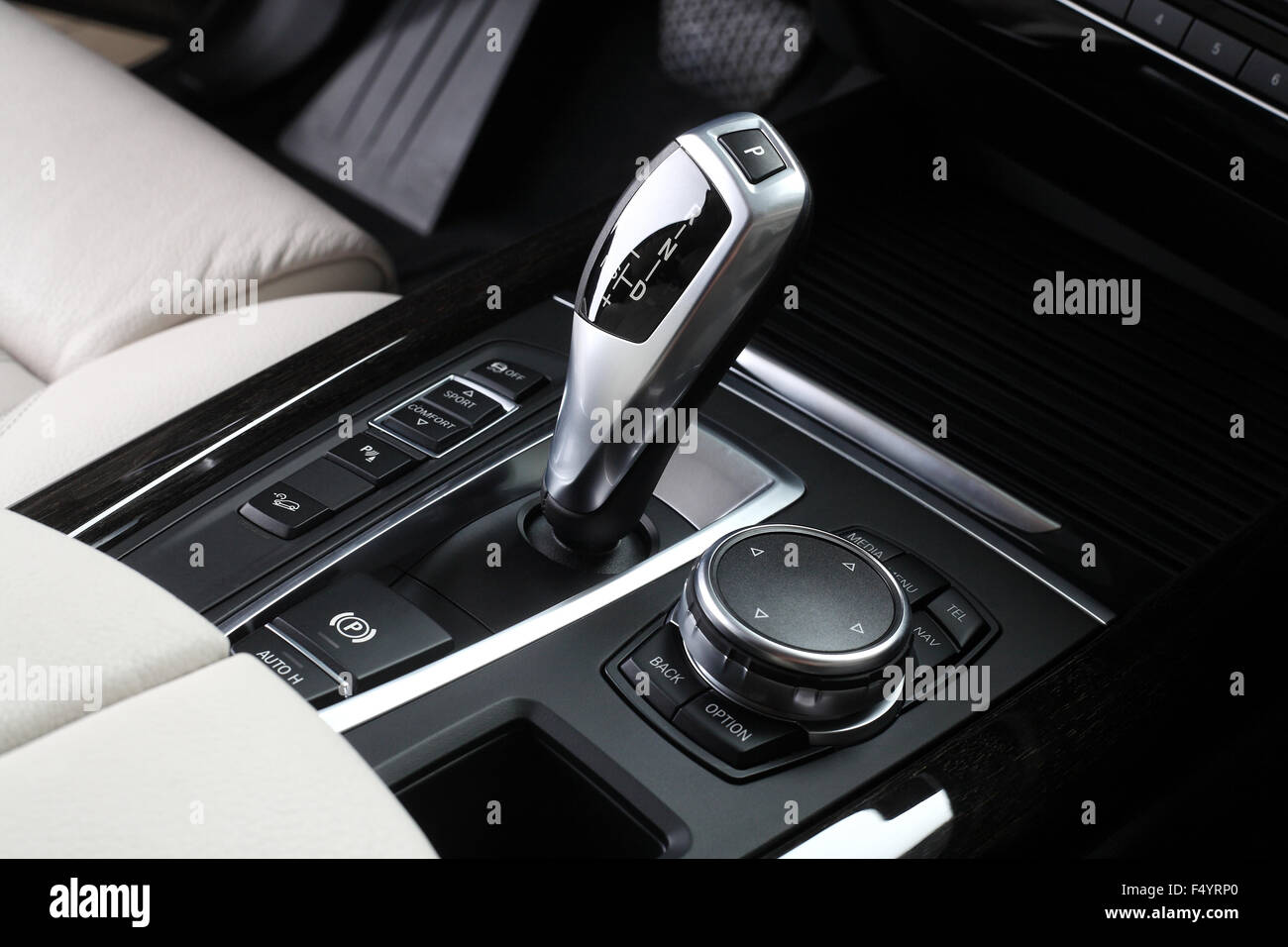 Interior of leather passenger compartment of the car in light tones ...