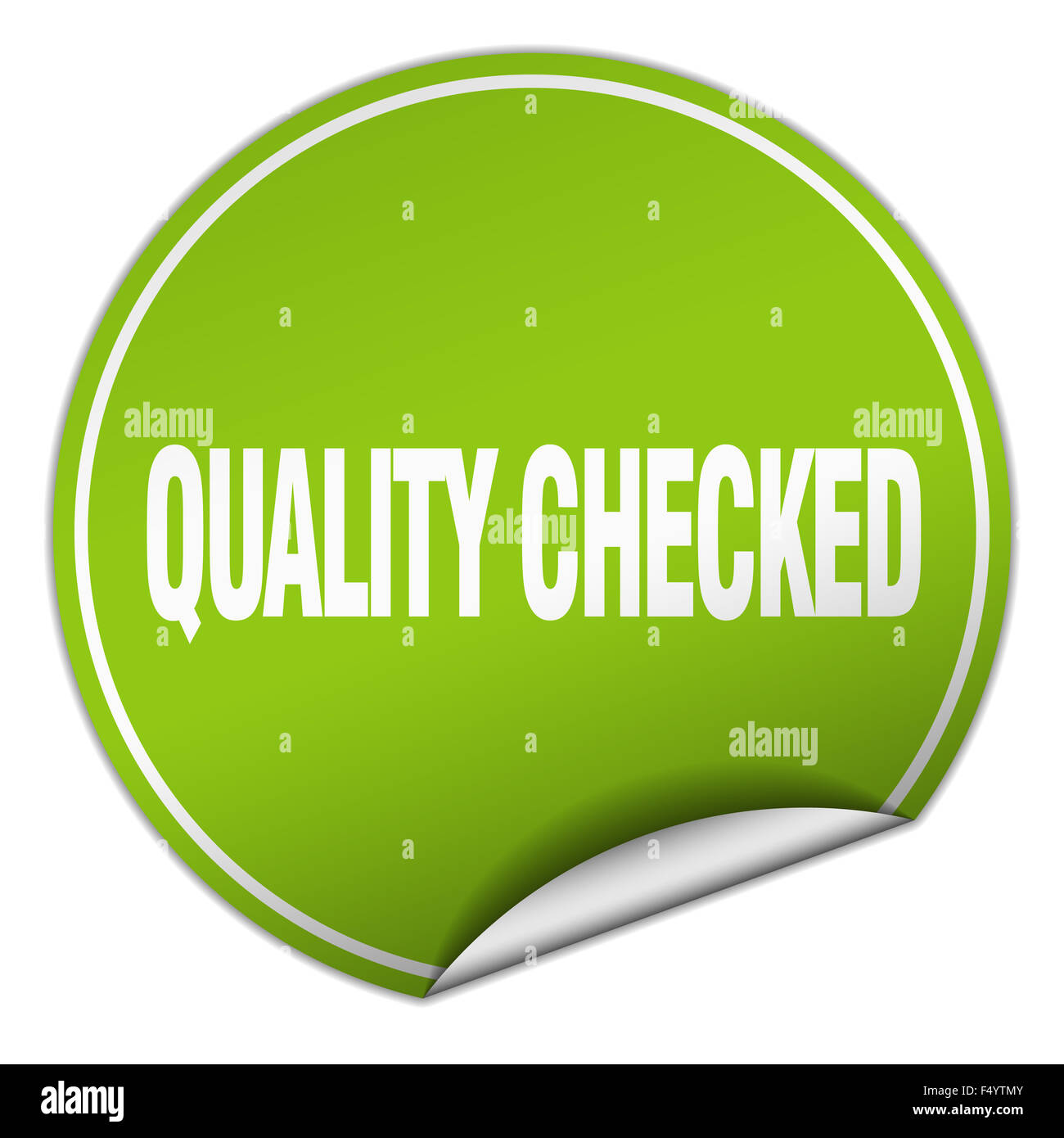 quality checked round green sticker isolated on white Stock Photo - Alamy