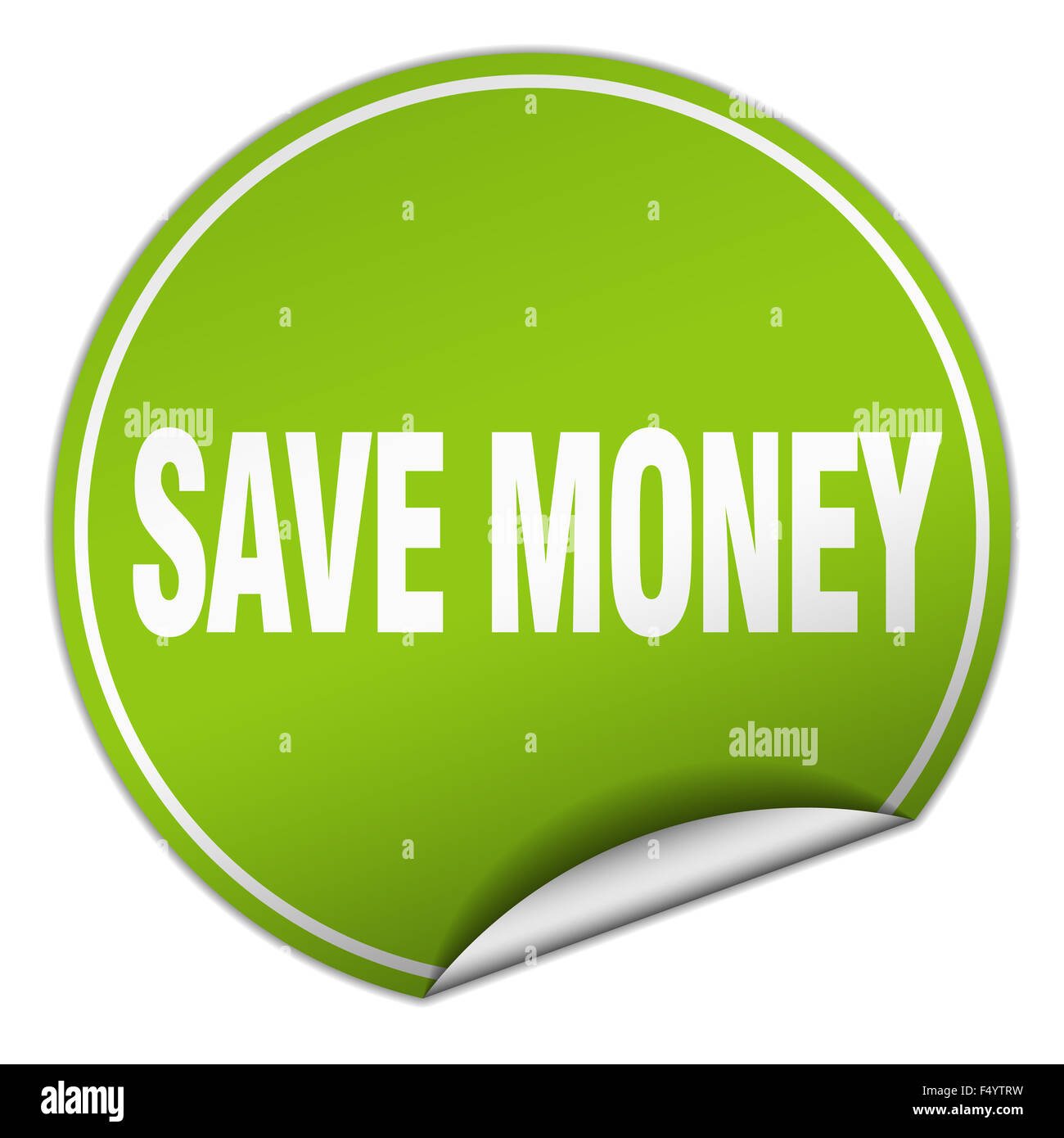 save money round green sticker isolated on white Stock Photo - Alamy