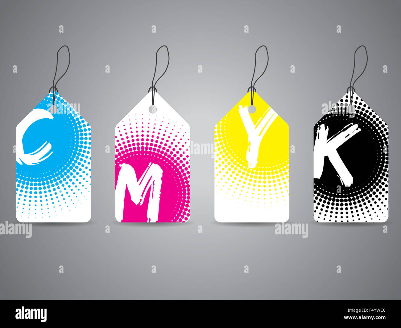 Cmyk label set with painted text in halftones Stock Photo - Alamy