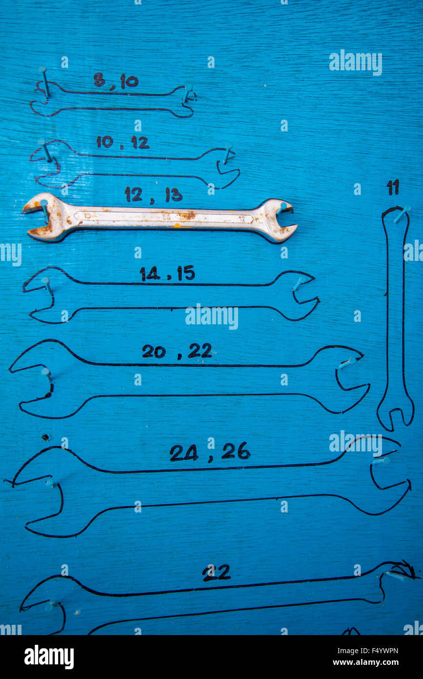 Panel tool and a blue background in the garage Stock Photo - Alamy