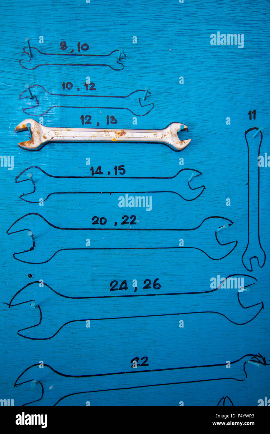 Panel tool and a blue background in the garage Stock Photo - Alamy