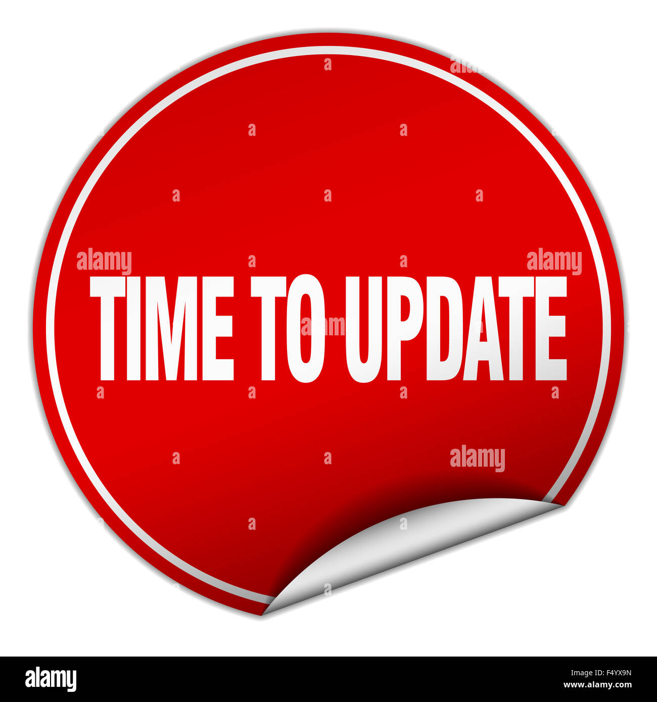 time to update round red sticker isolated on white Stock Photo - Alamy