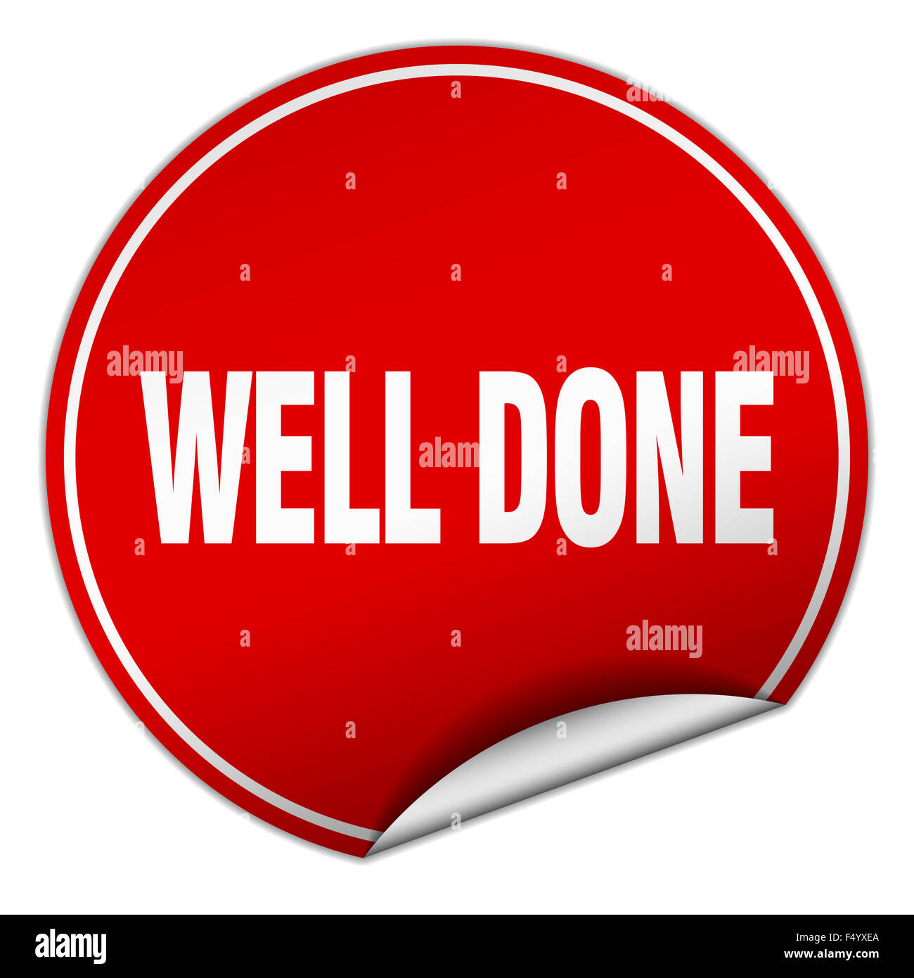 well done round red sticker isolated on white Stock Photo - Alamy