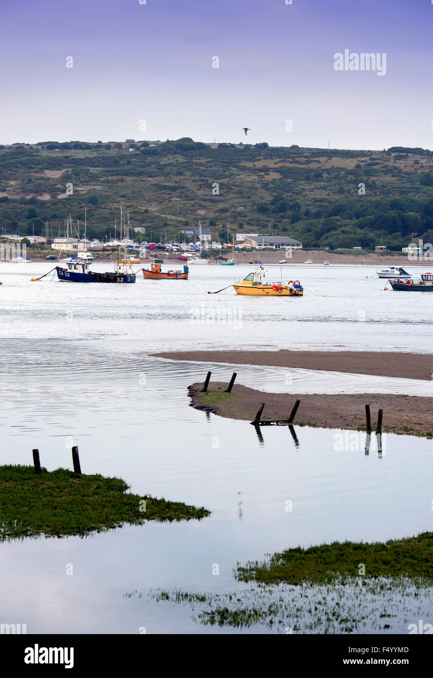 Fishing boats moored on the River Teifi estuary near St Dogmaels ...