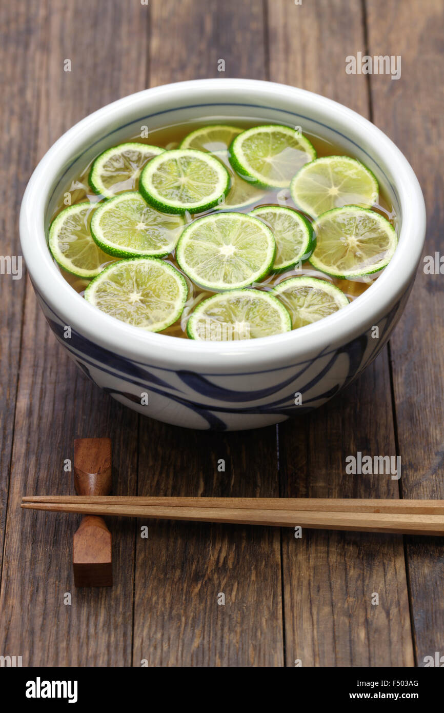 soba buckwheat noodles with sliced sudachi(japanese citrus), japanese ...