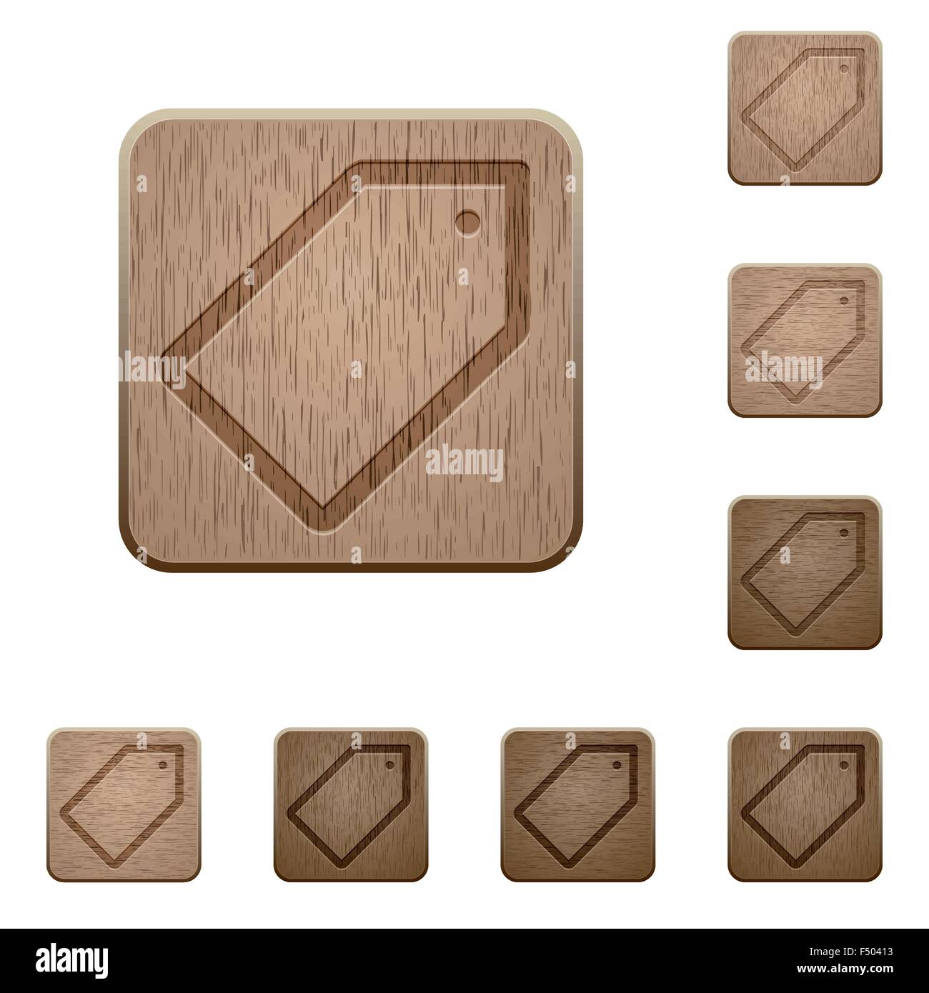 Set of carved wooden tag buttons. 8 variations included. Arranged layer ...