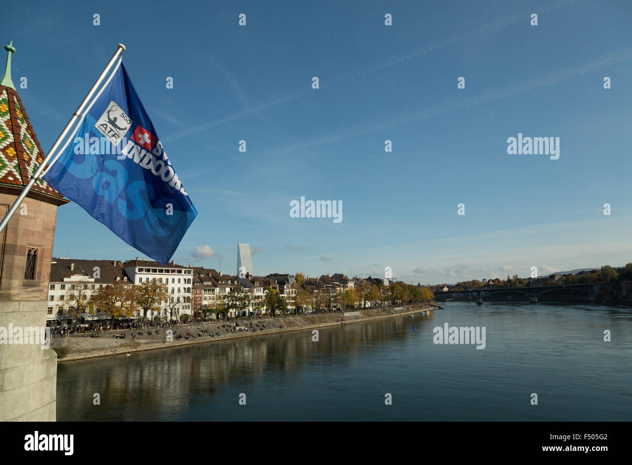 Basel, Switzerland. 25th Oct, 2015. A flag hanging from the bridge on ...