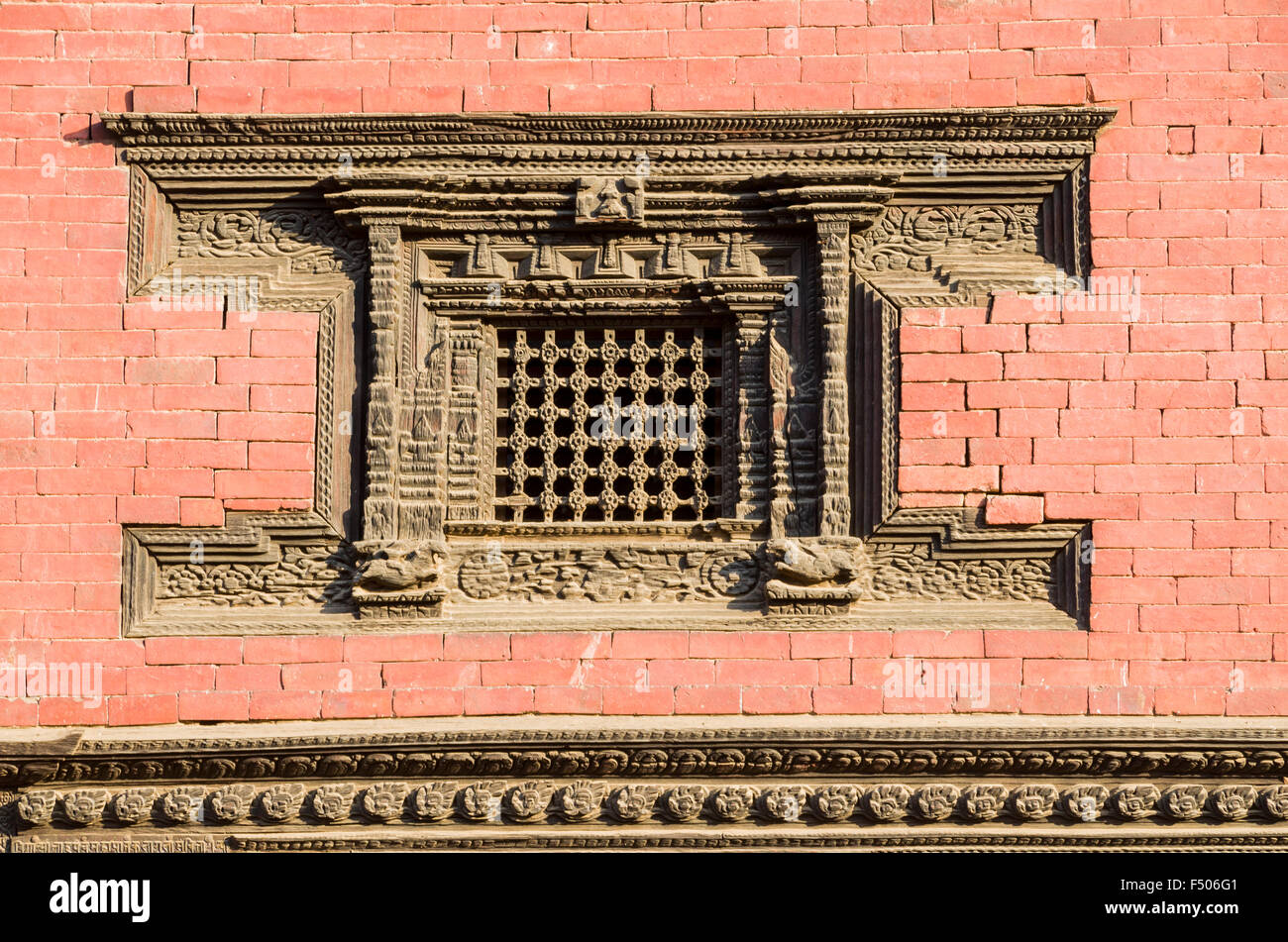 Beautifully carved wooden window of a temple at Durbar Square Stock ...
