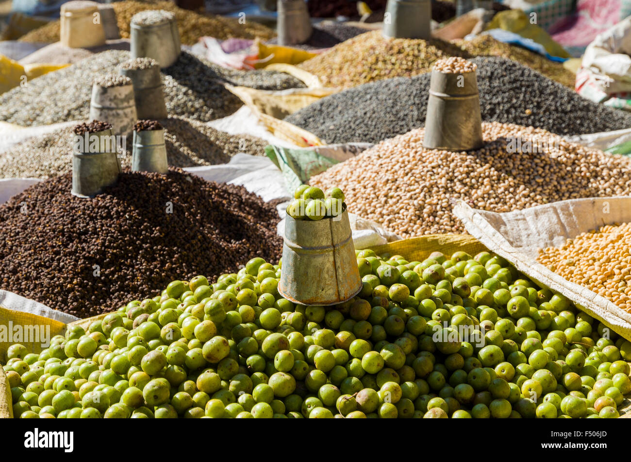 Different types of dal and amlas displayed for sale on the street Stock ...