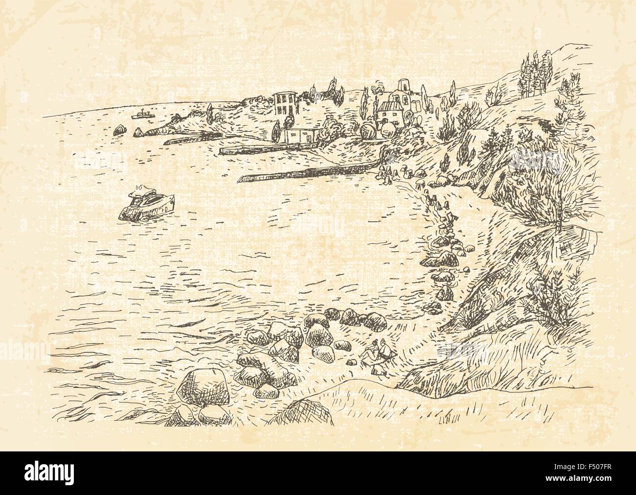 Sea coast with piers and rocky shore in the Crimea. Monochrome freehand ...