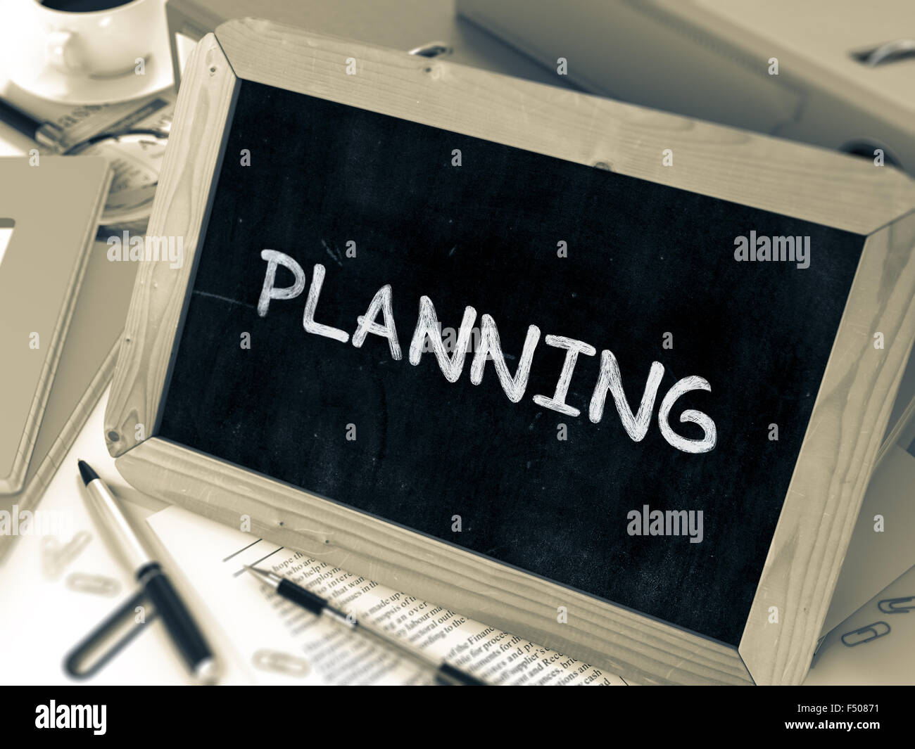 Planning Concept Hand Drawn on Chalkboard on Working Table Background ...