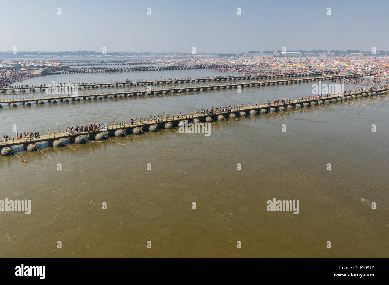Many pontoon bridges crossing the river Ganges on the Kumbha Mela ...