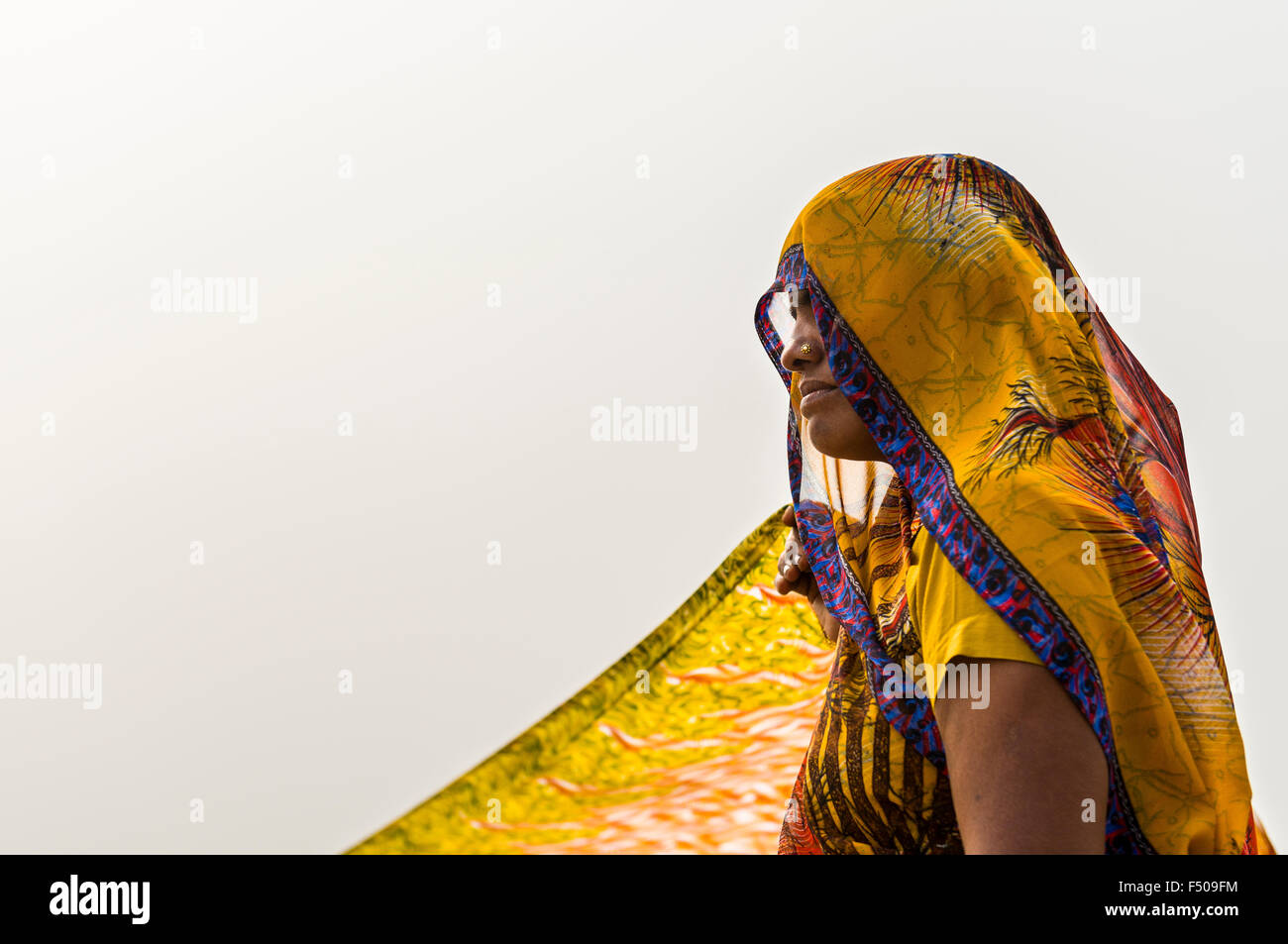 Woman drying her sari after taking bath at the Sangam, the confluence ...