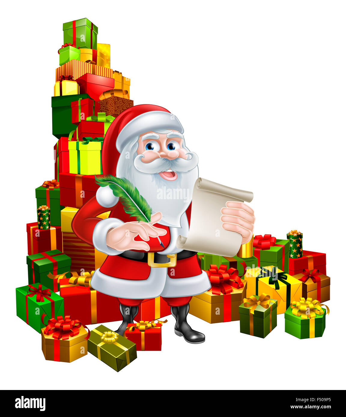 Christmas cartoon of Santa Claus holding a scroll and pen quill feather ...