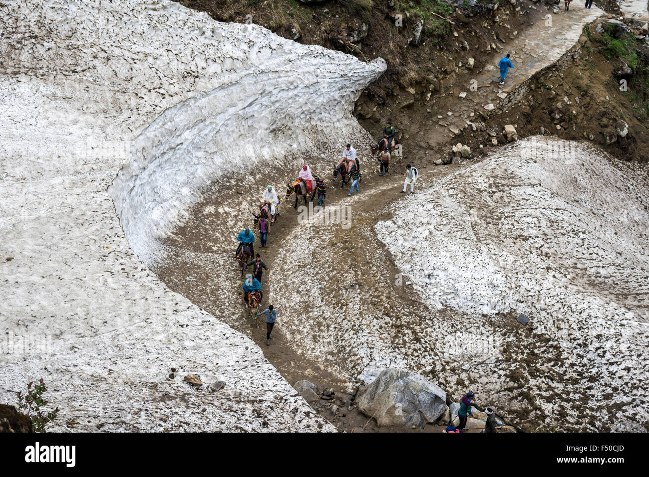 Pilgrims have to cross a snowfield on the the track to Kedarnath Temple ...