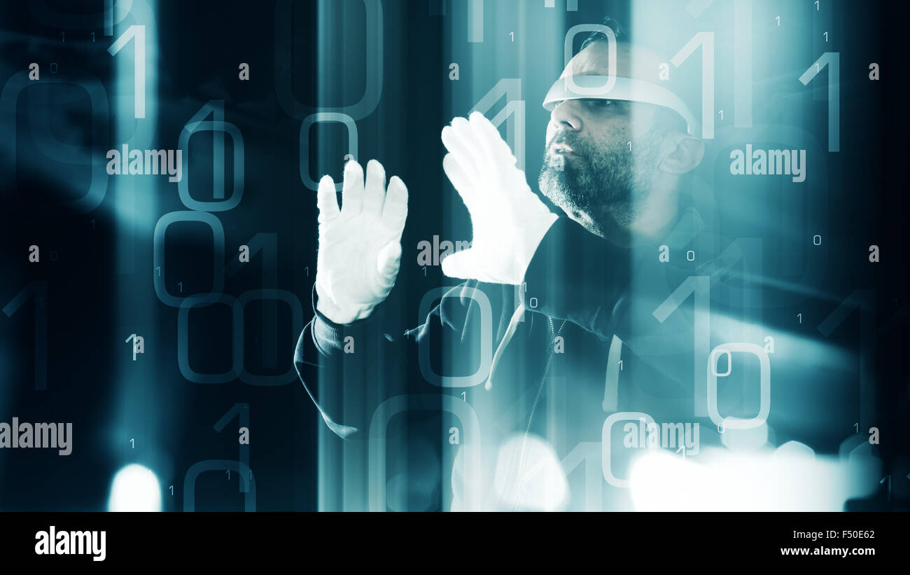 Virtual reality glasses concept idea, futuristic hacker attack binary ...