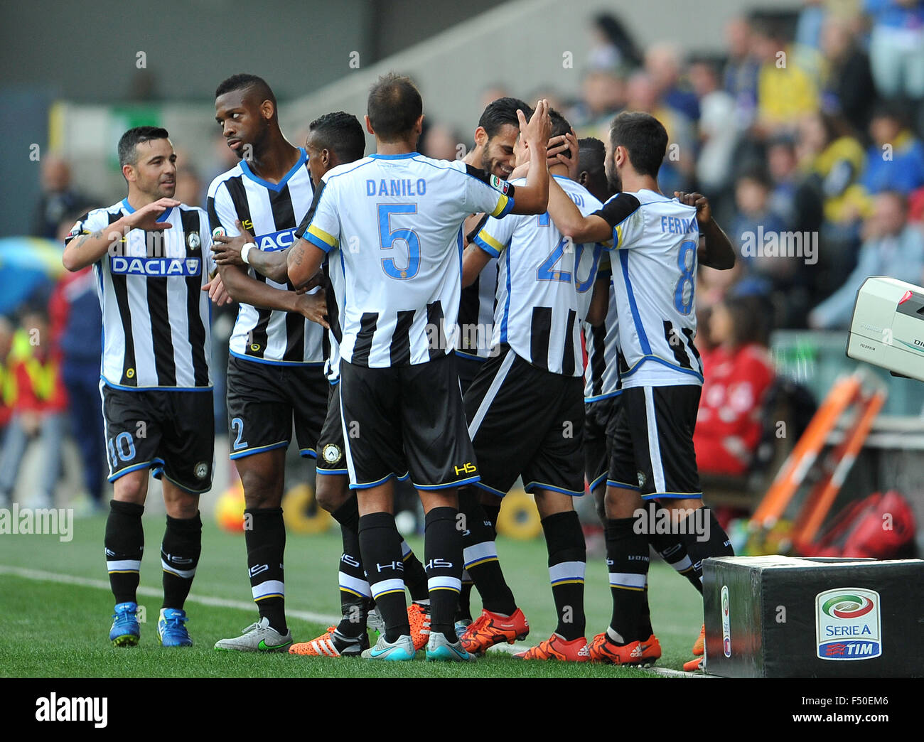 Udine, Italy. 25th October, 2015. Udinese's players celebrating Udinese ...