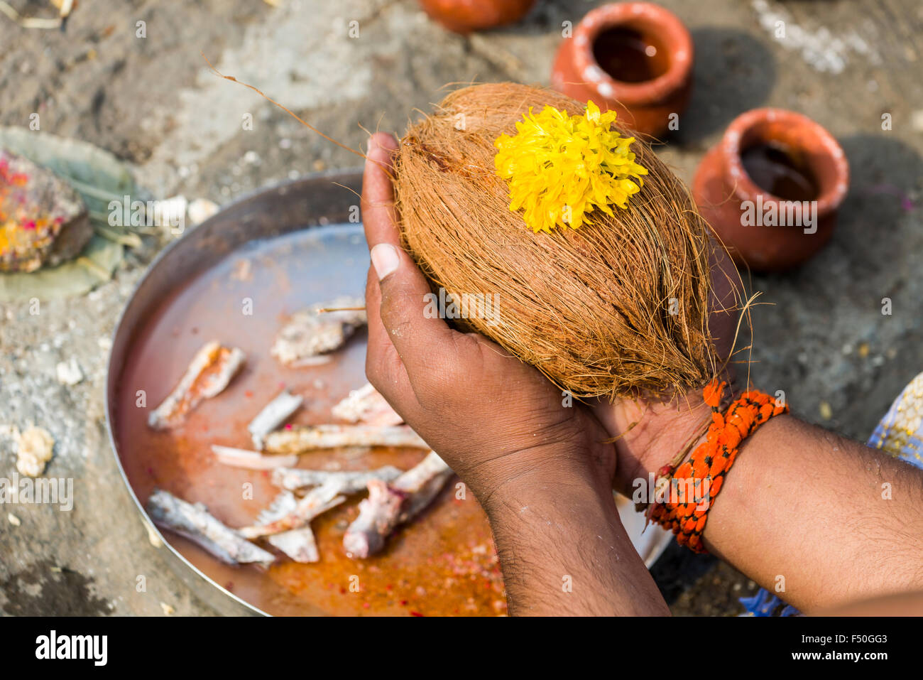 A man is holding a coconut during the ritual Dashkriya or Asthi ...