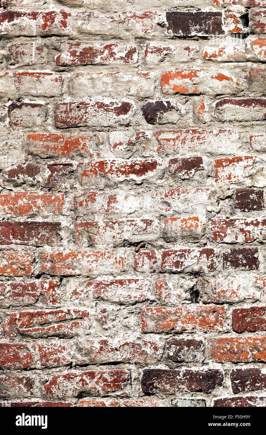 Old uneven decayed whitewashed shabby brick wall as abstract texture ...