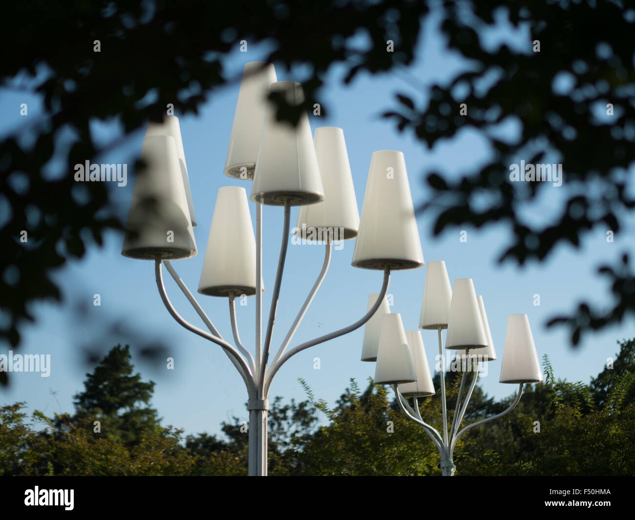 Cone-shaped lamps at the Open Room art exhibit in Austin, Texas Stock ...
