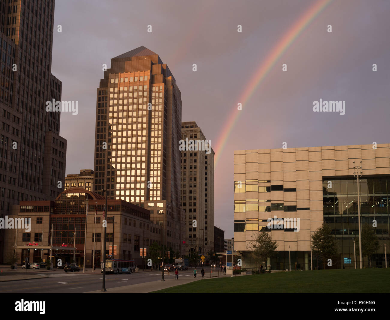 Double Rainbow over downtown Cleveland's convention center Stock Photo ...
